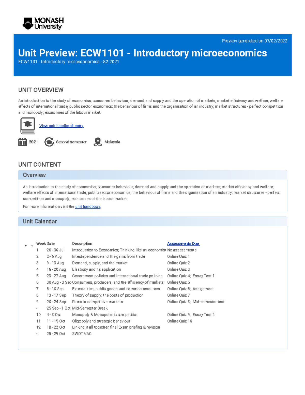 ECW1101 2021-2022 Course Description - Preview generated on 07/02/ Unit ...