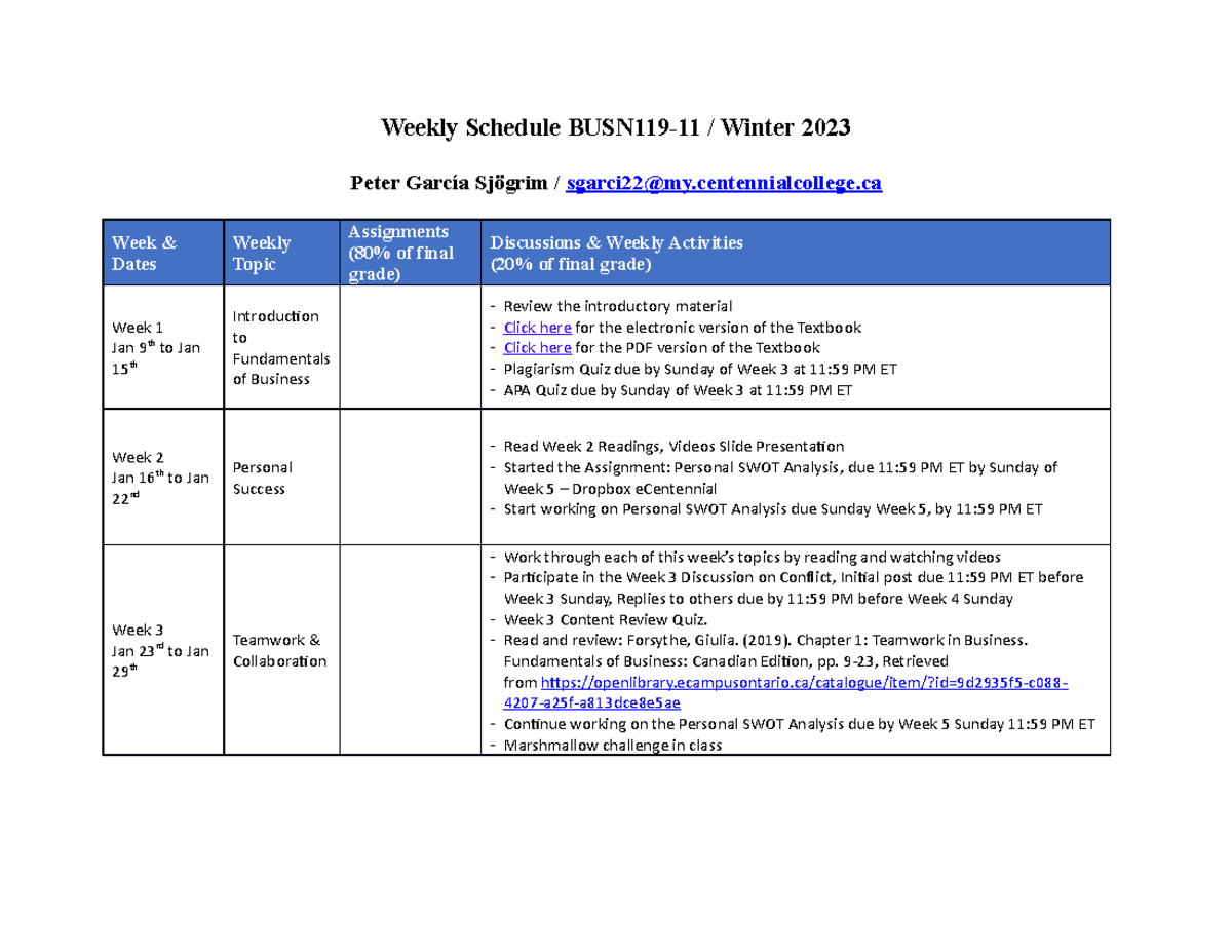 W23 BUSN119-11 Weekly Schedule - Weekly Schedule BUSN119-11 / Winter ...