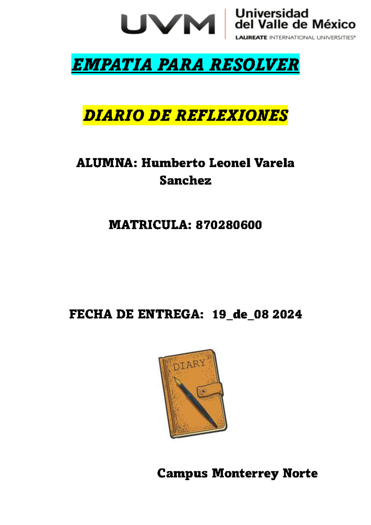 Diario DE Reflexiones Empatia PARA Resolver - EMPATIA PARA RESOLVER DIARIO DE REFLEXIONES ALUMNA ...