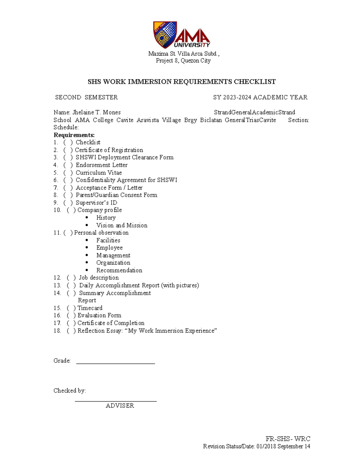 SHS-Work-Immersion-Requirement-Checklist - Maxima St. Villa Arca Subd., Project 8, Quezon City ...