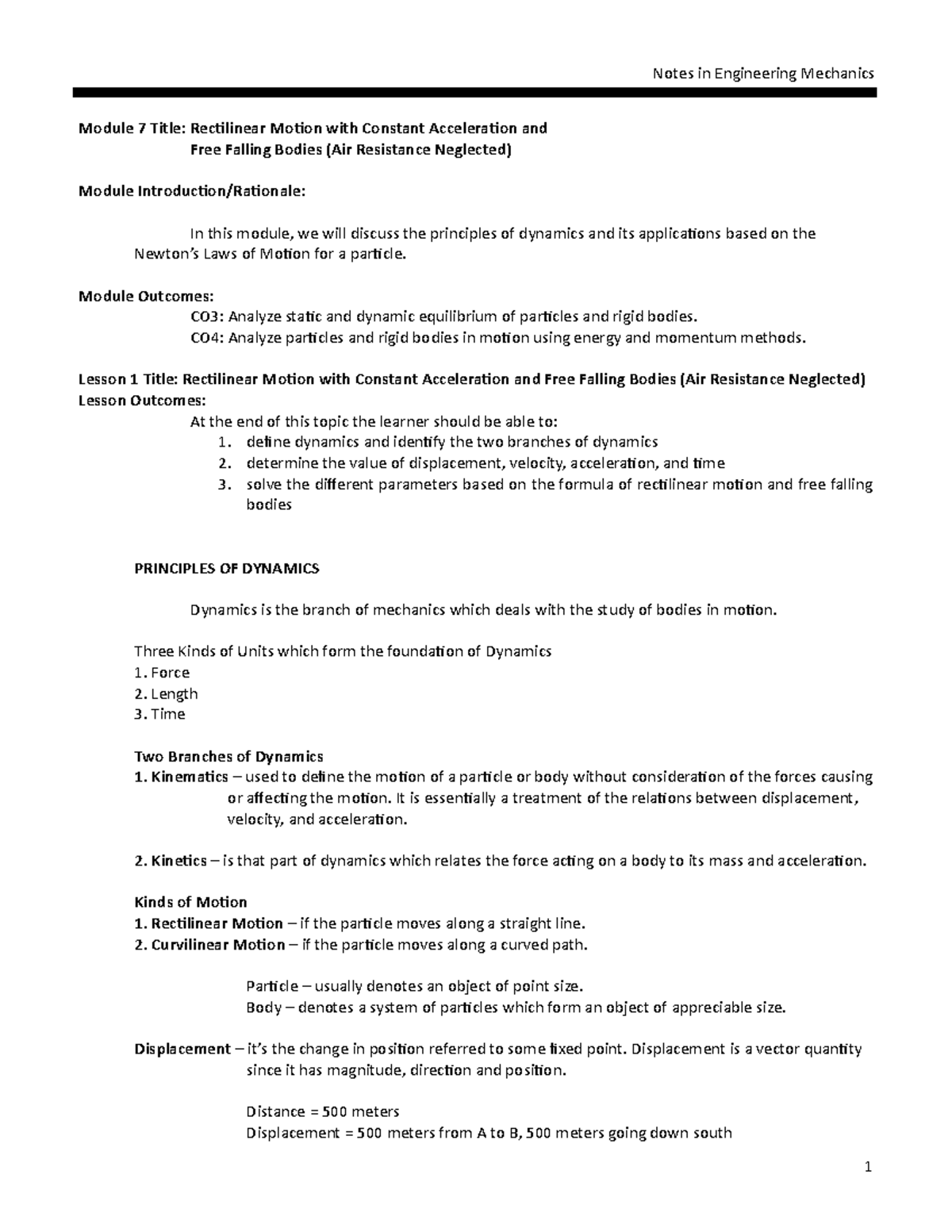 Module 7- rectilinear motion and free falling - Module 7 Title ...