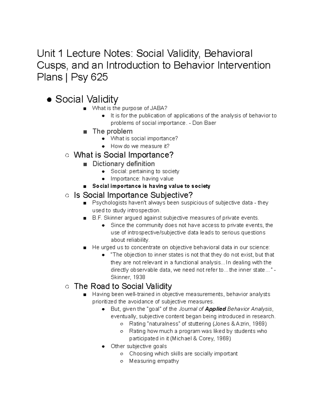 Unit 1 Lecture Notes Social Validity, Behavioral Cusps, and an ...