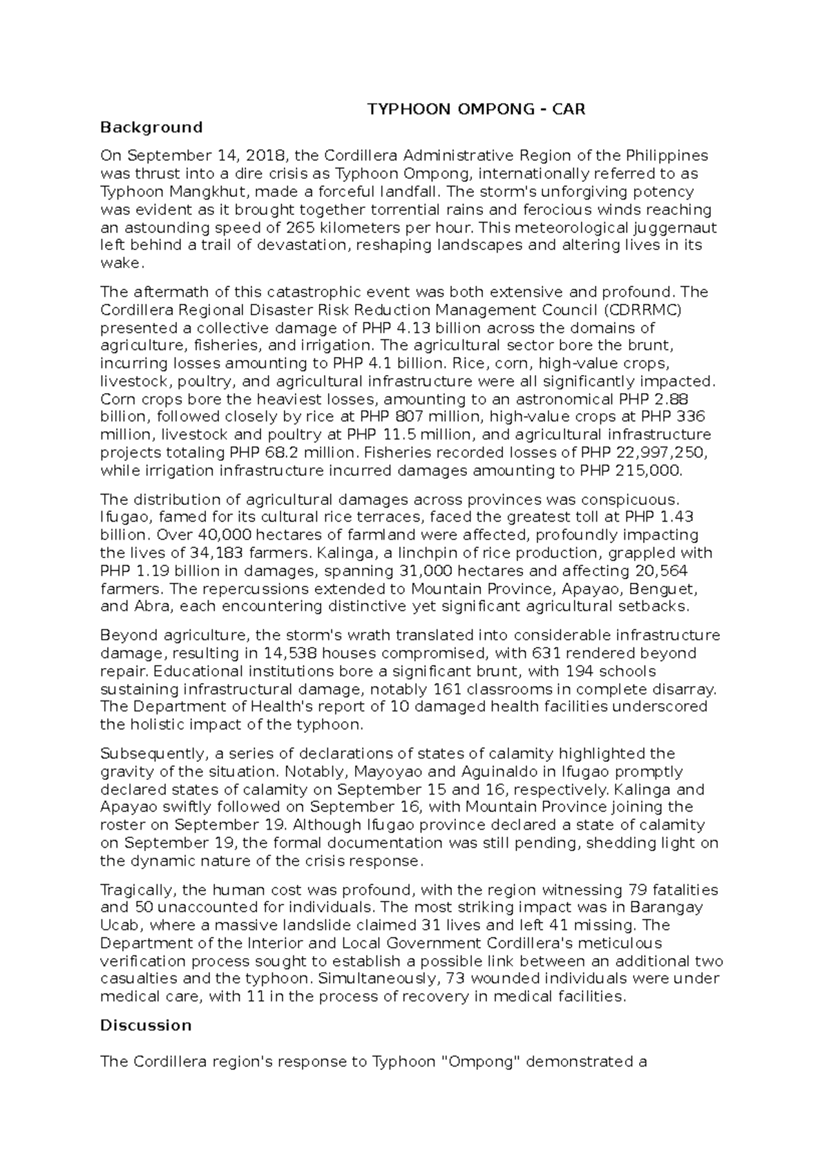 Case Study on Typhoon Ompong - TYPHOON OMPONG - CAR Background On September 14, 2018, the ...