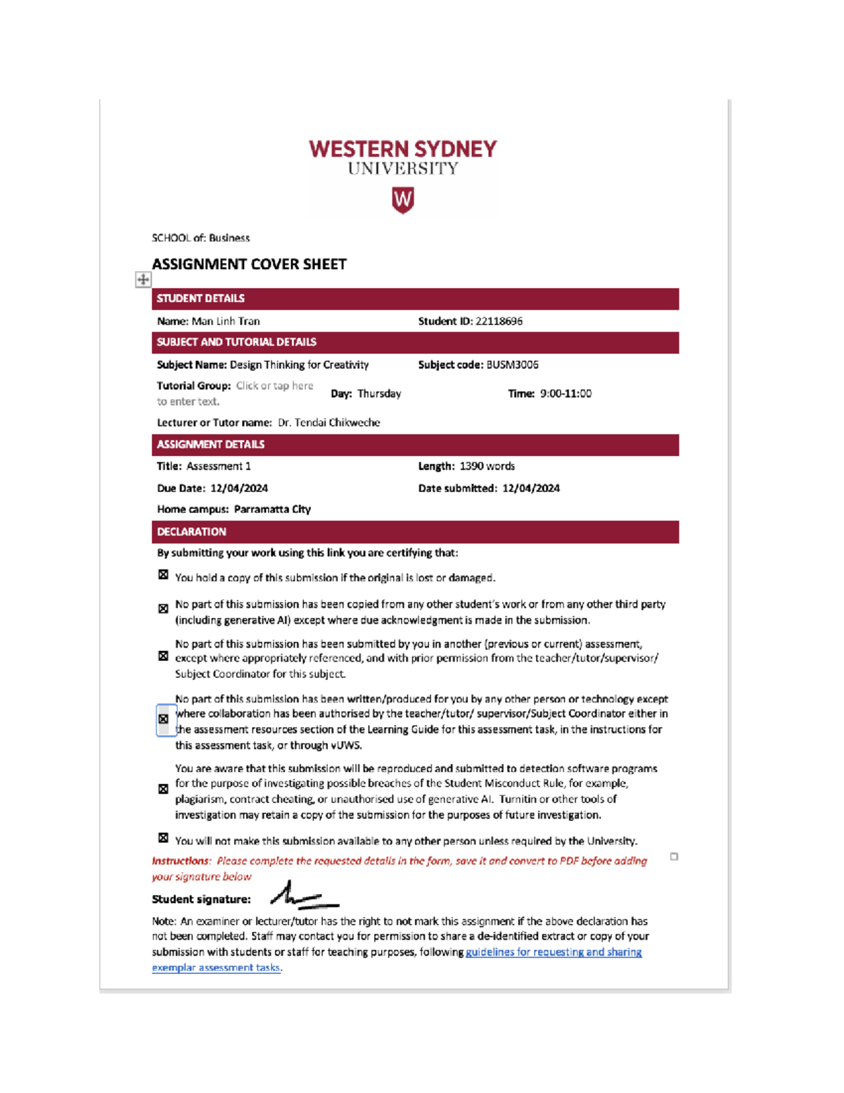 Design Thinking for Creativity A1 Man Linh Tran 22118696 - 1. Applying ...