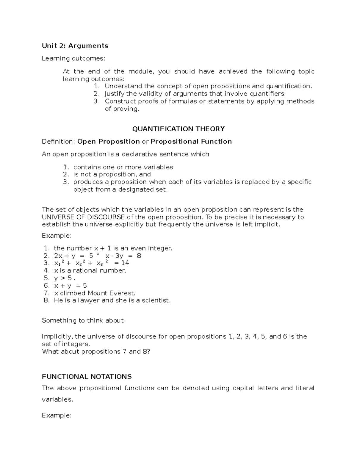 QUANTIFICATION THEORY - Unit 2: Arguments Learning outcomes: At the end ...