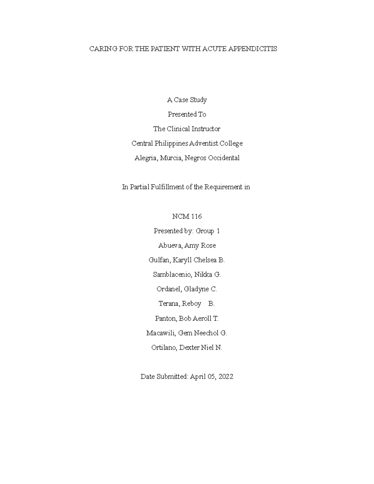 Case study of Acute Appendicitis - CARING FOR THE PATIENT WITH ACUTE ...