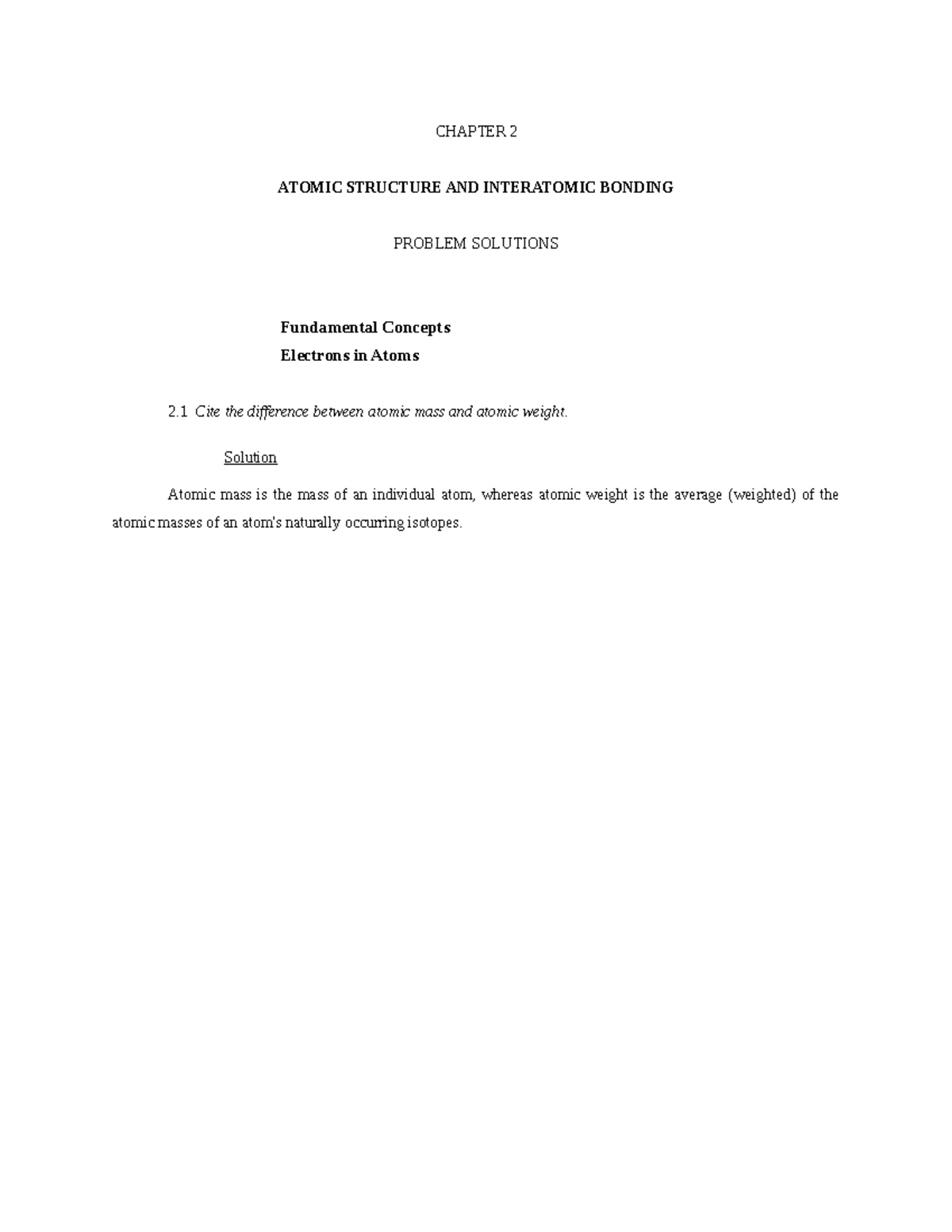 Ch02 - good practice - CHAPTER 2 ATOMIC STRUCTURE AND INTERATOMIC BONDING PROBLEM SOLUTIONS ...