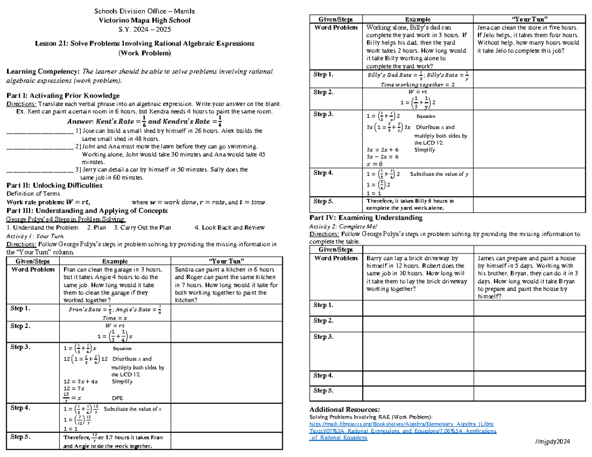 Solve Problems Involving Rational Algebraic Expressions (Work Problem ...