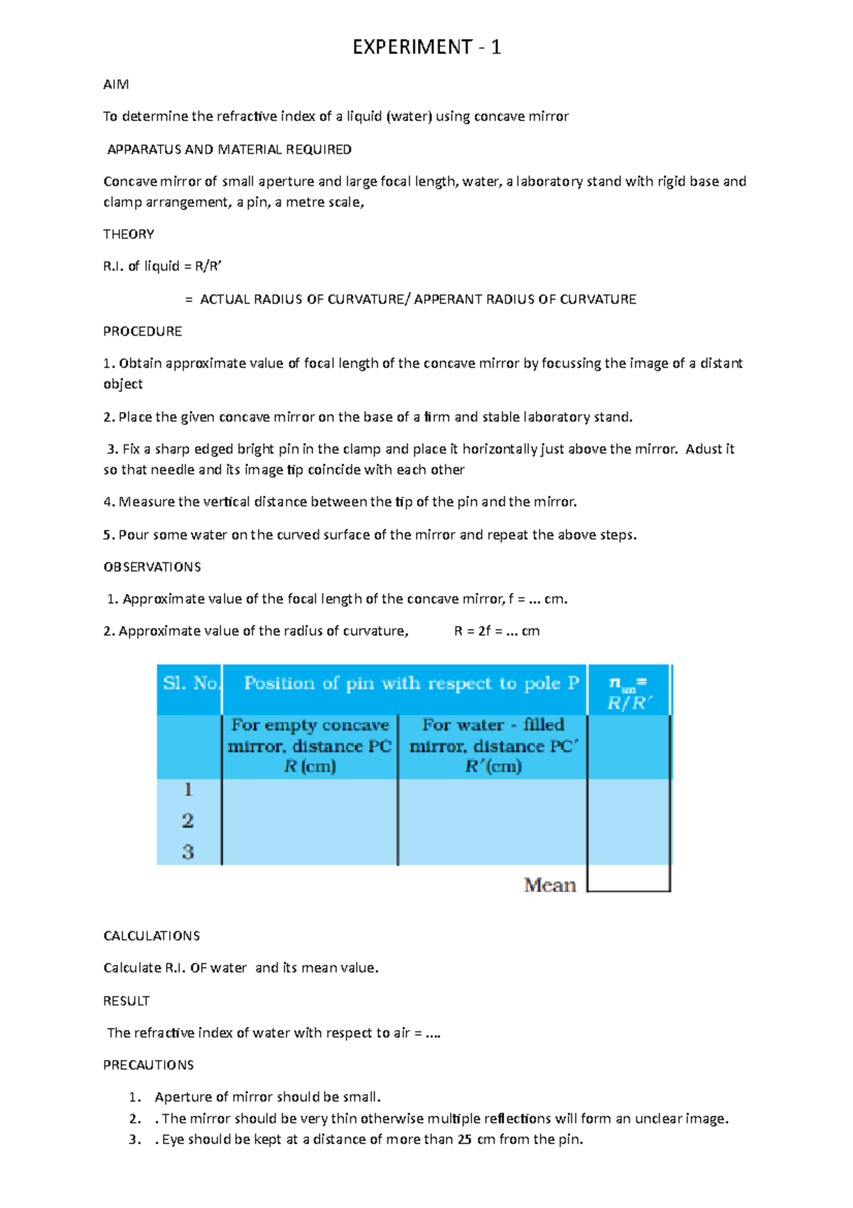 Class 12 practical section B - EXPERIMENT - 1 AIM To determine the ...