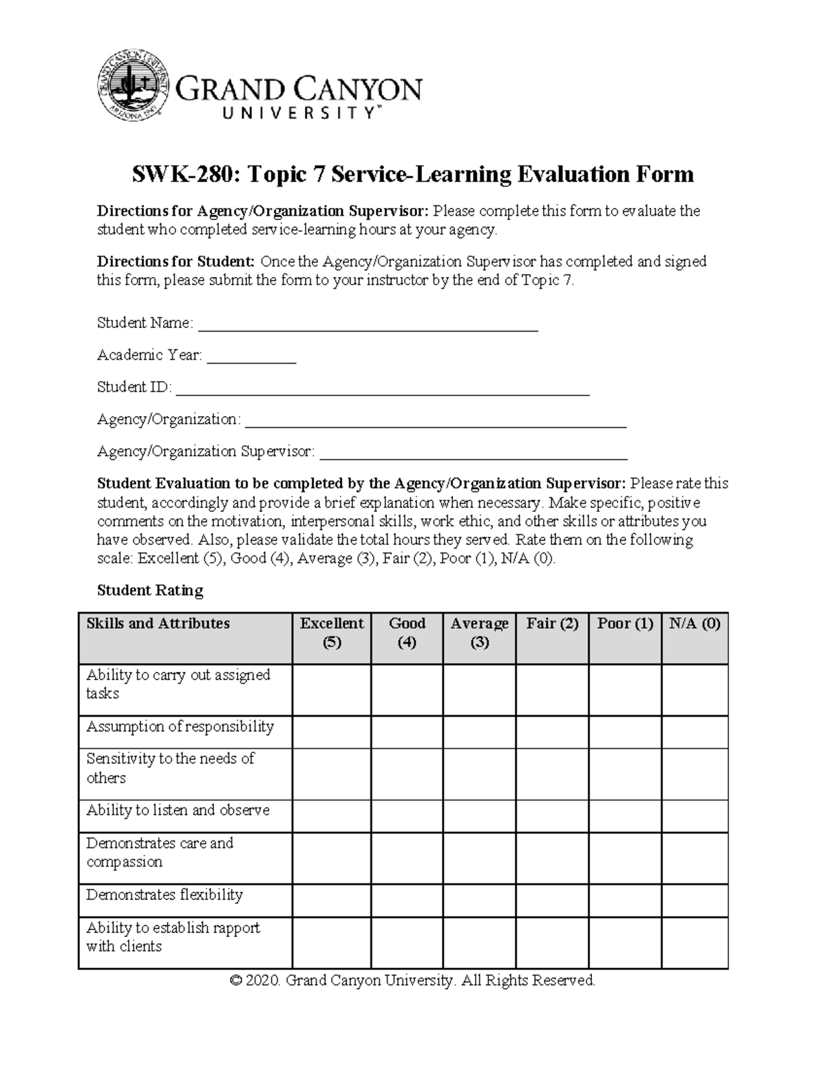 Service Learning form 1 - © 2020. Grand Canyon University. All Rights ...