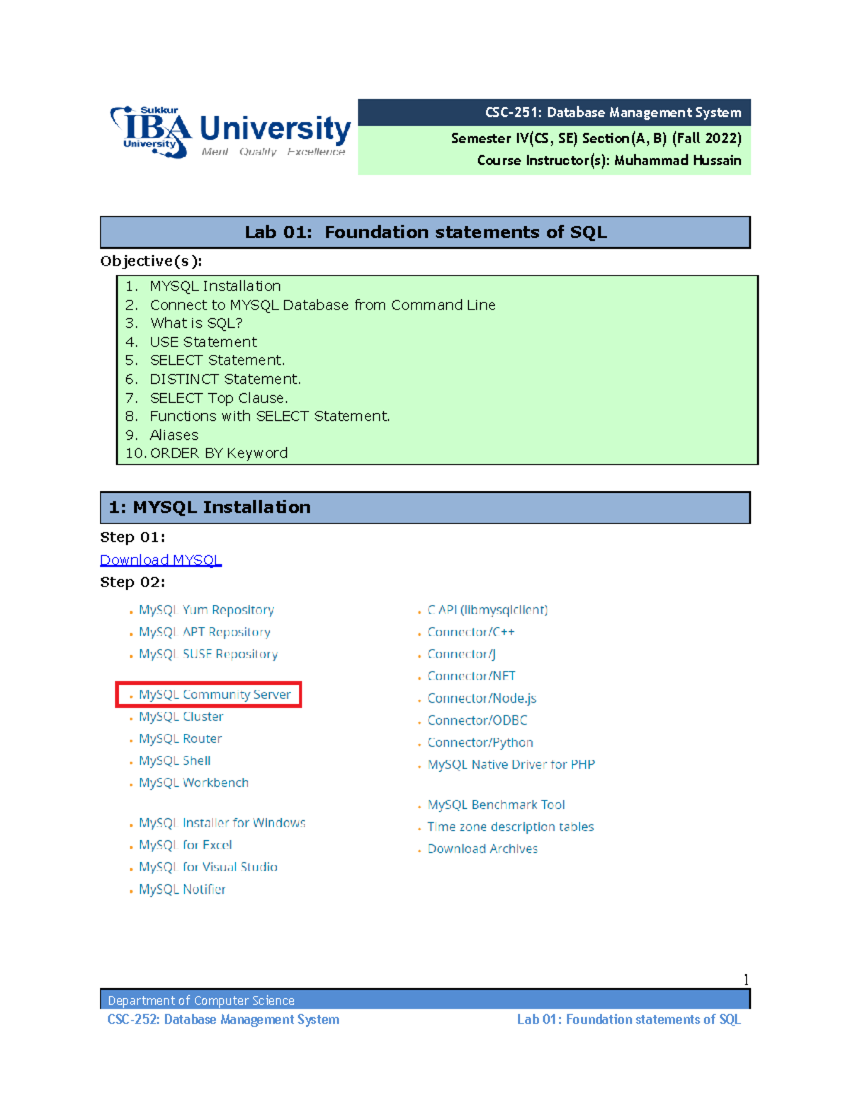 Lab 1 - ASSIGNMENT - 1 Department of Computer Science CSC-251: Database ...