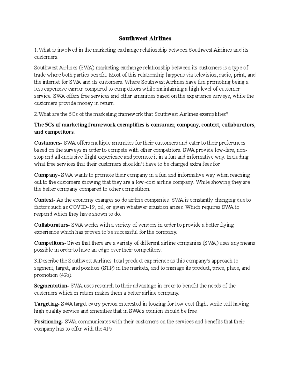 5 C's - Team discussion - Southwest Airlines 1 is involved in the ...