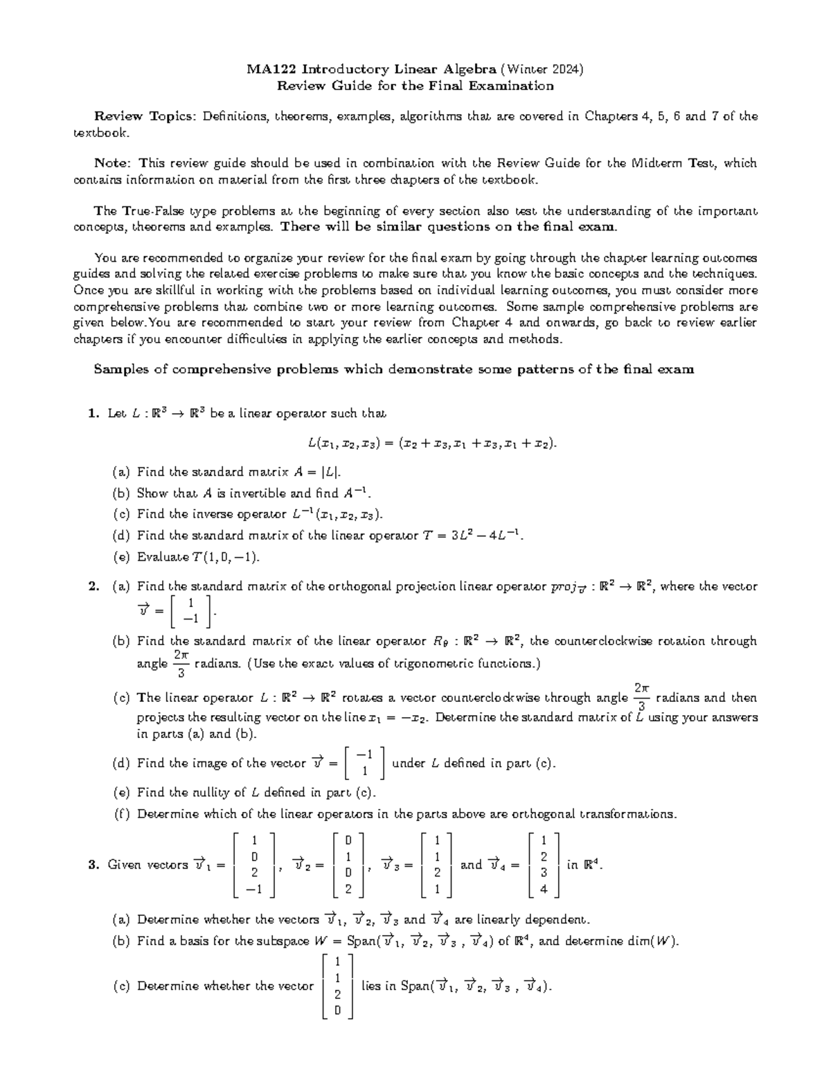 Comprehensive-final - MA122 Introductory Linear Algebra (Winter 2024 ...