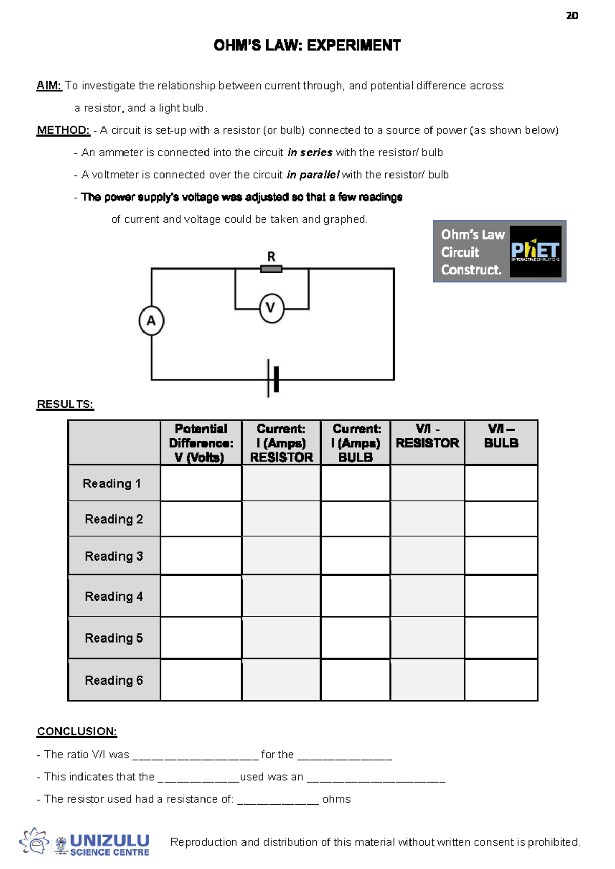 Booklet Part 4.1 Ohms Law and Circuits pages 20 - 25 - AIM: To ...