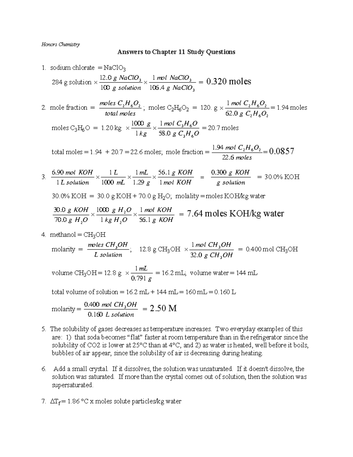 Hc Chapter 11 Study Questions Answers - Honors Chemistry Answers to ...