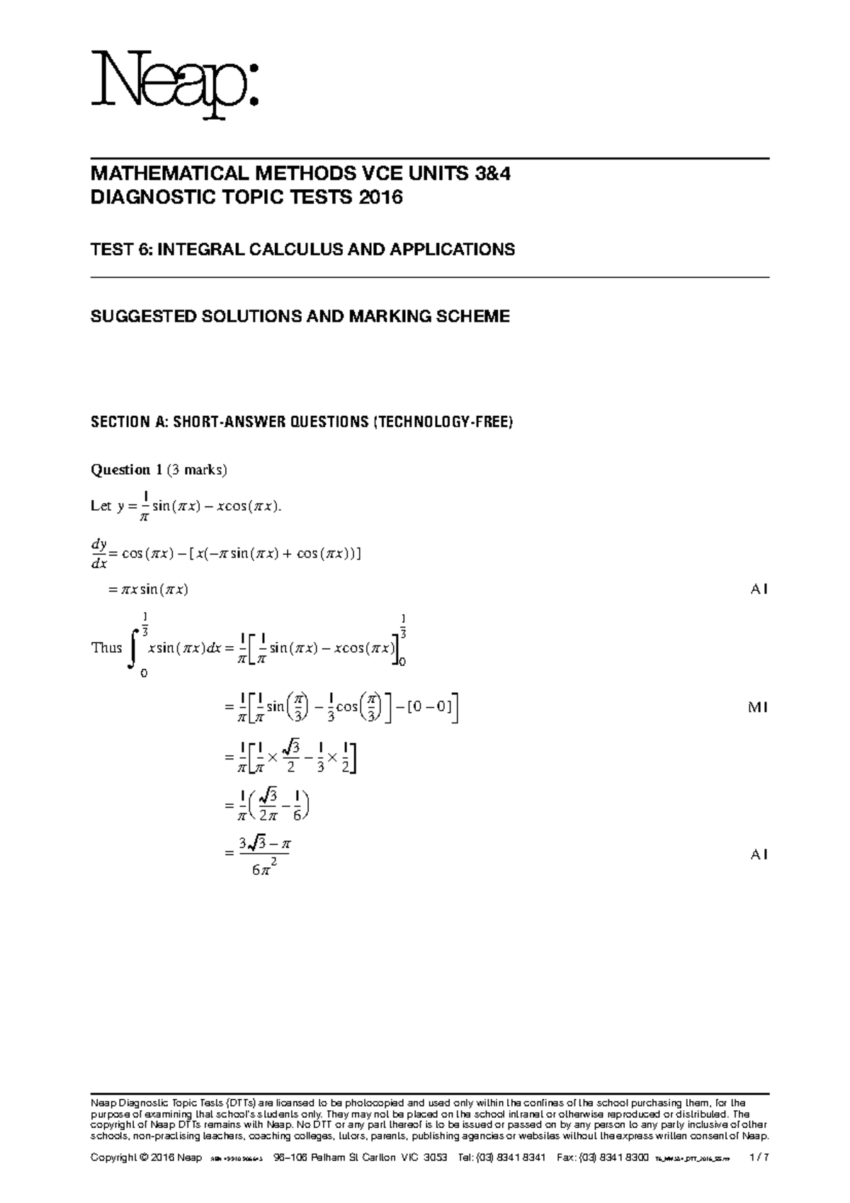 Maths Methods Units 3&4 DTT 6 Solutions - MATHEMATICAL METHODS VCE ...