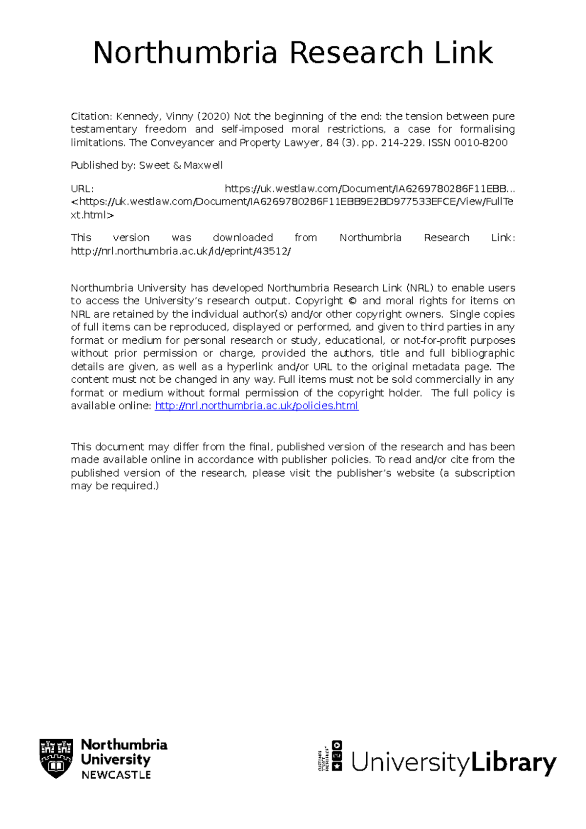 The Conveyancer - Northumbria Research Link Citation: Kennedy, Vinny ...