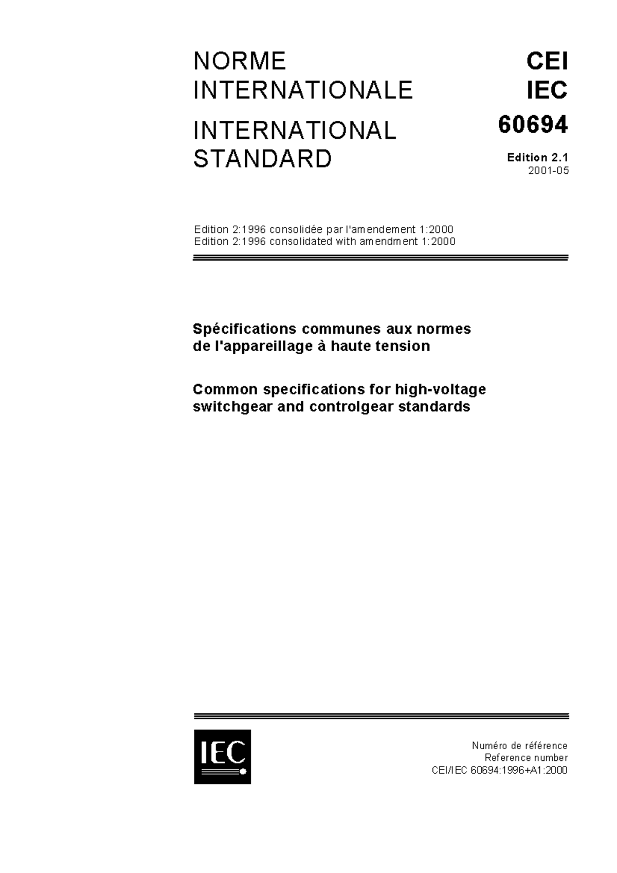IEC 60694 2001-05 Common specifications for high-voltage switchgear and ...