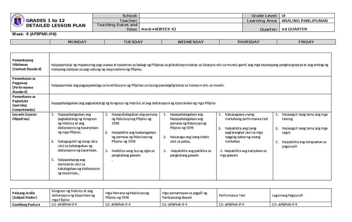 DLP Araling Panlipunan 6 Q1 W6 - GRADES 1 to 12 DETAILED LESSON PLAN ...