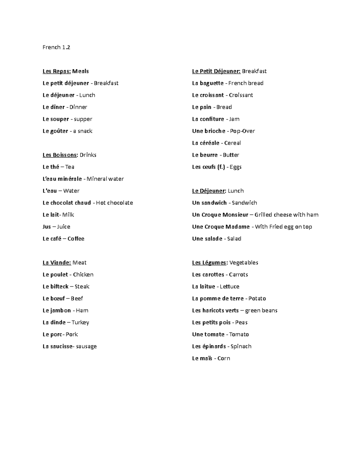 French 1.2- La Nourriture Vocab Notes - French 1. Les Repas: Meals Le ...