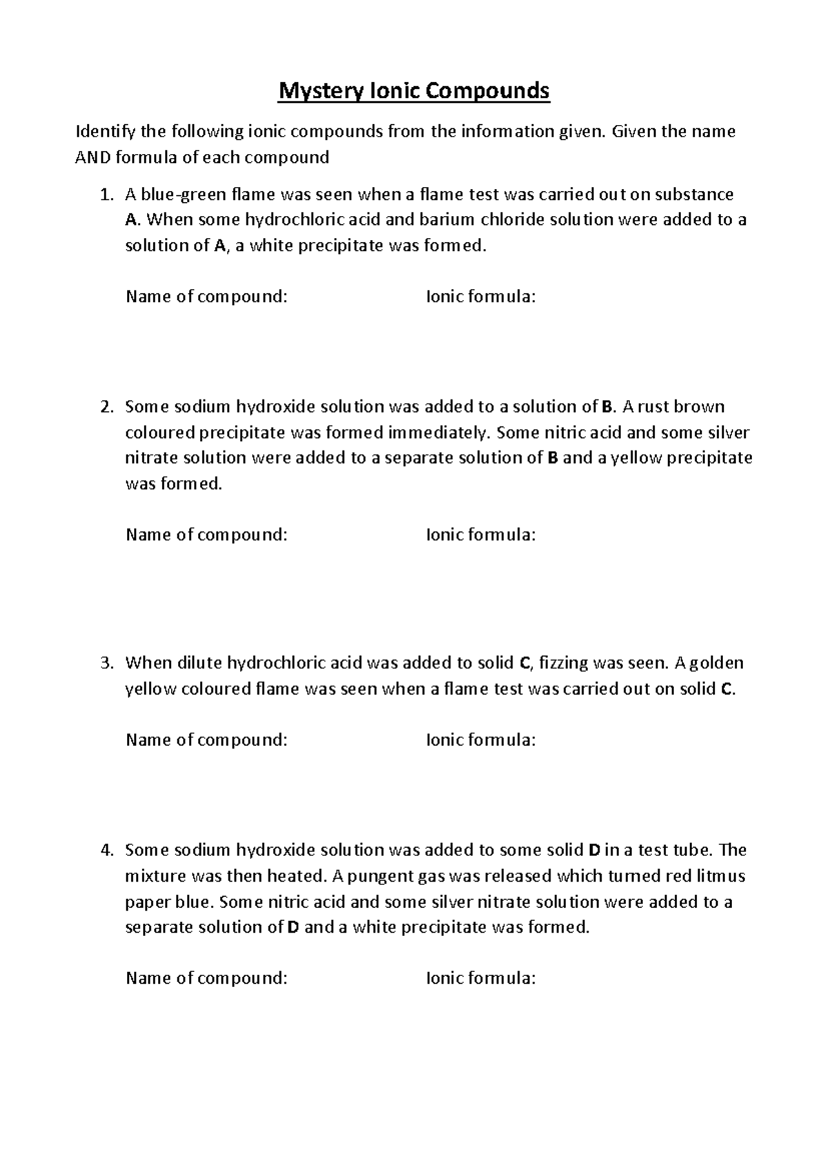 Mystery Ionic Compounds Prep - Mystery Ionic Compounds Identify the ...