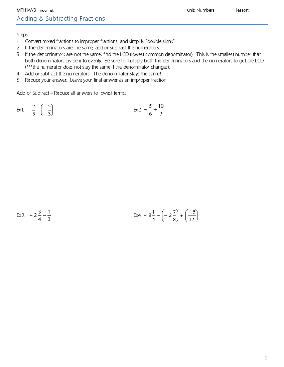 1.6 Add Subtract Fractions - Adding & Subtracting Fractions Steps ...