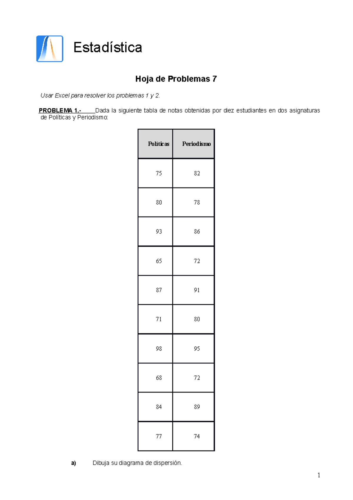 Exercises 7 - Hshshshs - Estadística Hoja de Problemas 7 Usar Excel ...