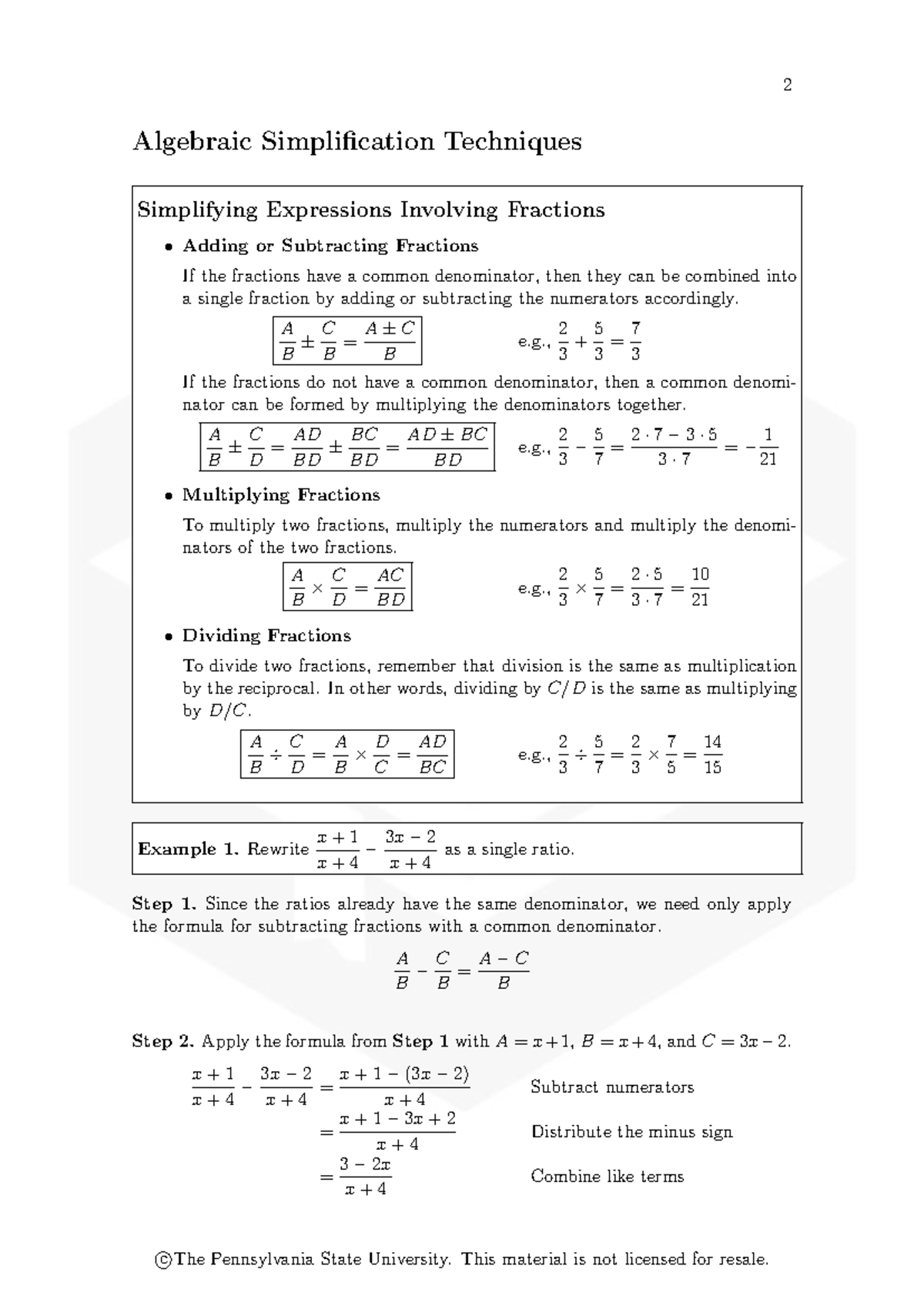 Precalculus Review - Algebraic Simplification Techniques Simplifying Expressions Involving ...