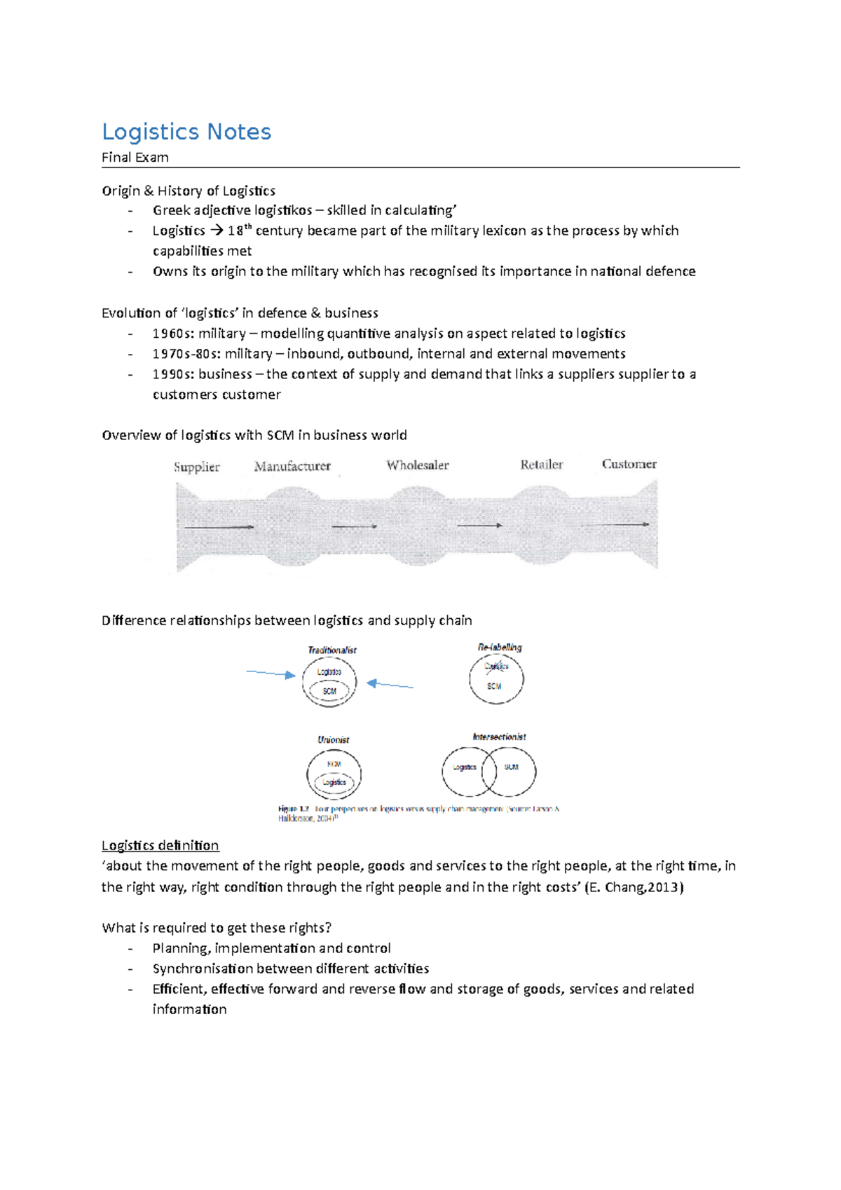 Logistics Management Course Notes - Logistics Notes Final Exam Origin ...