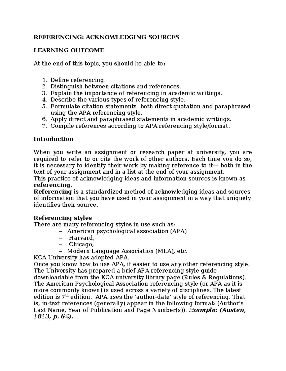 Topic 3- Referencing - REFERENCING: ACKNOWLEDGING SOURCES LEARNING ...