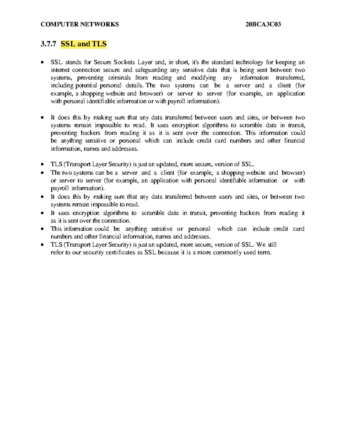 Ssl And Tls Note On Ssl And Tls 3 7 Ssl And Tls Ssl Stands For Secure Sockets Layer And In