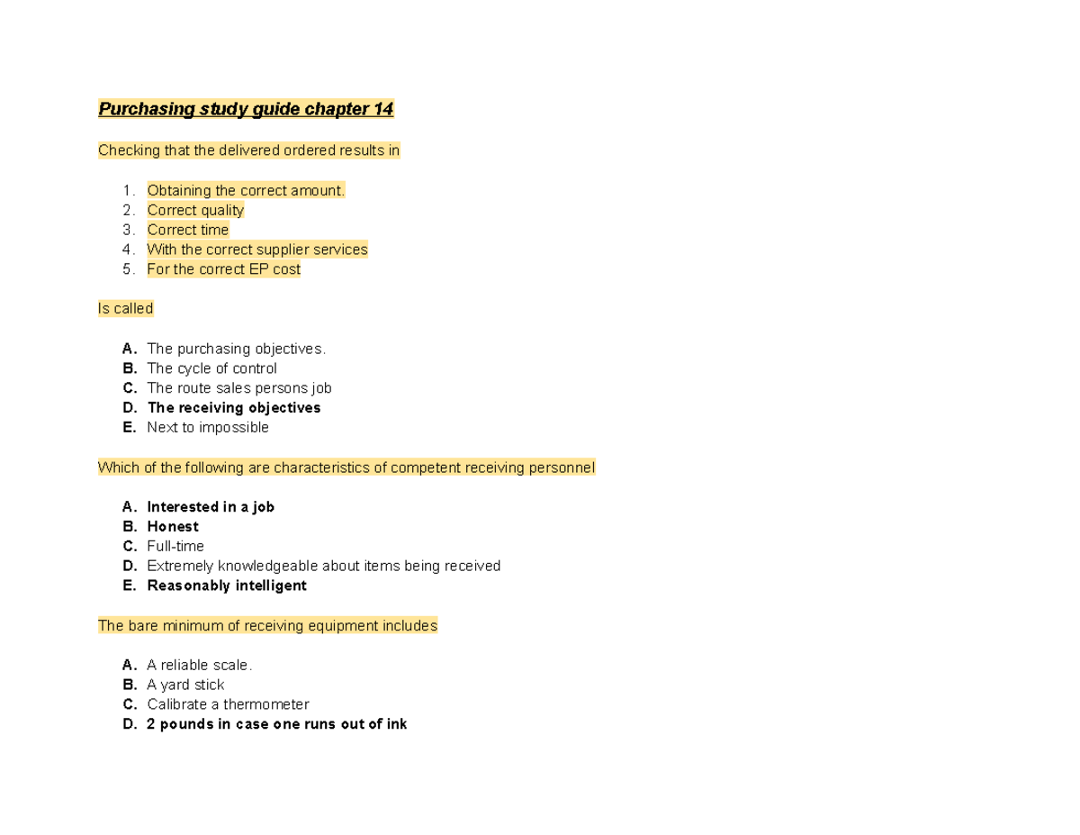 Purchasing study guide chapter 14 - Correct quality Correct time With the correct supplier ...