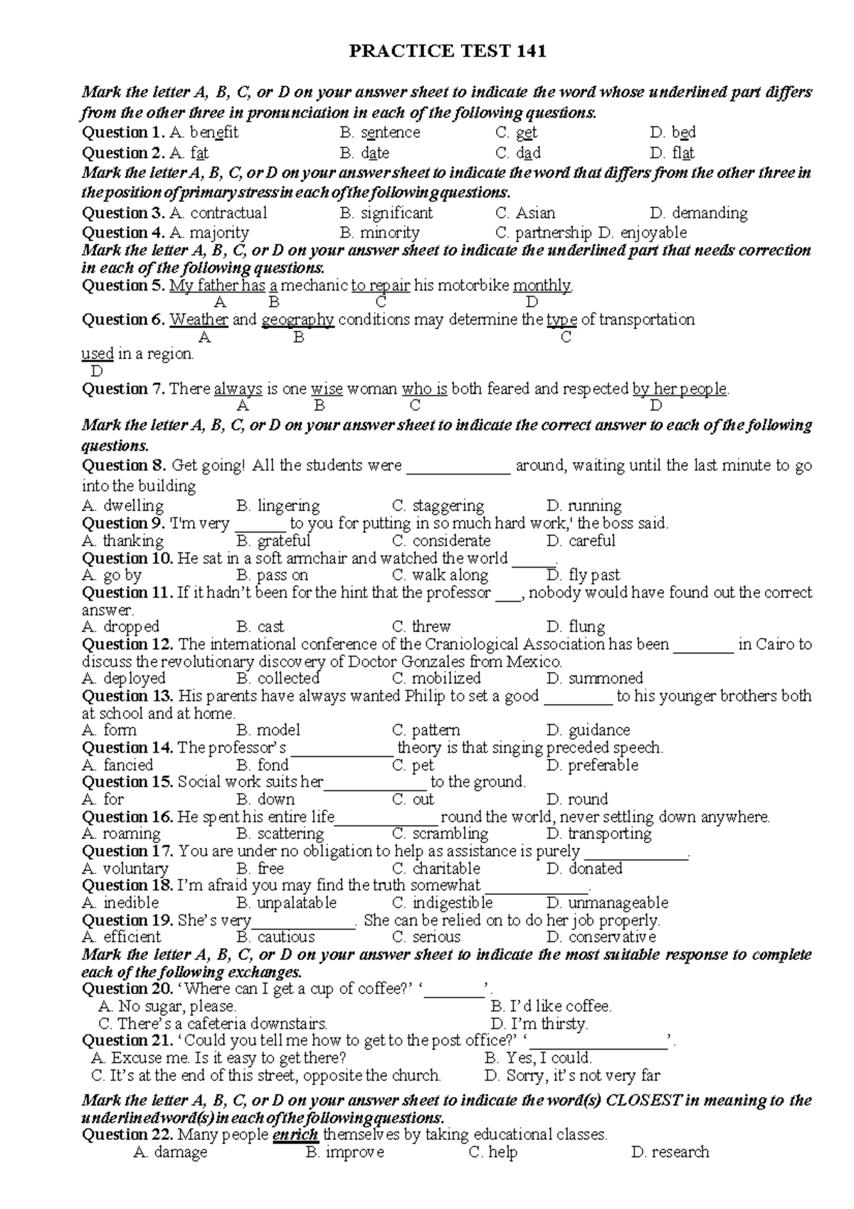 Practice TEST 141 - KJSGUW - PRACTICE TEST 1 41 Mark the letter A, B, C ...