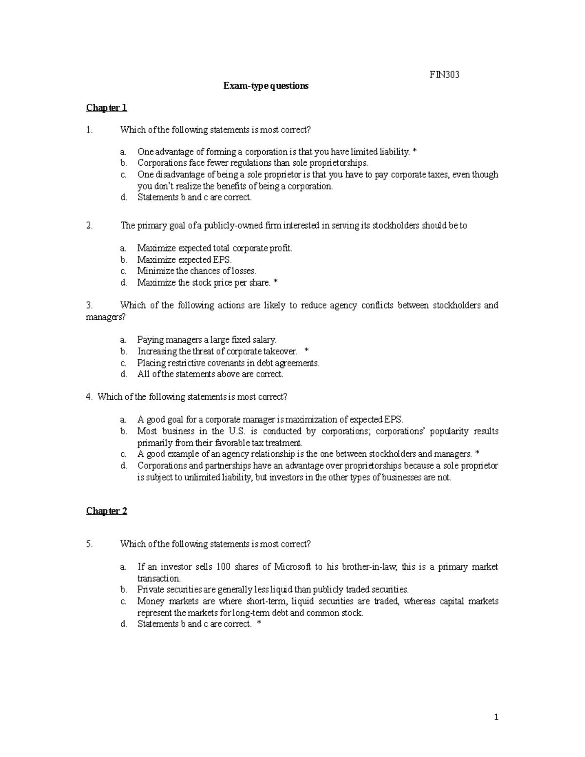 FIN303 Exam practice 1 - FIN Exam-type questions Chapter 1 Which of the ...