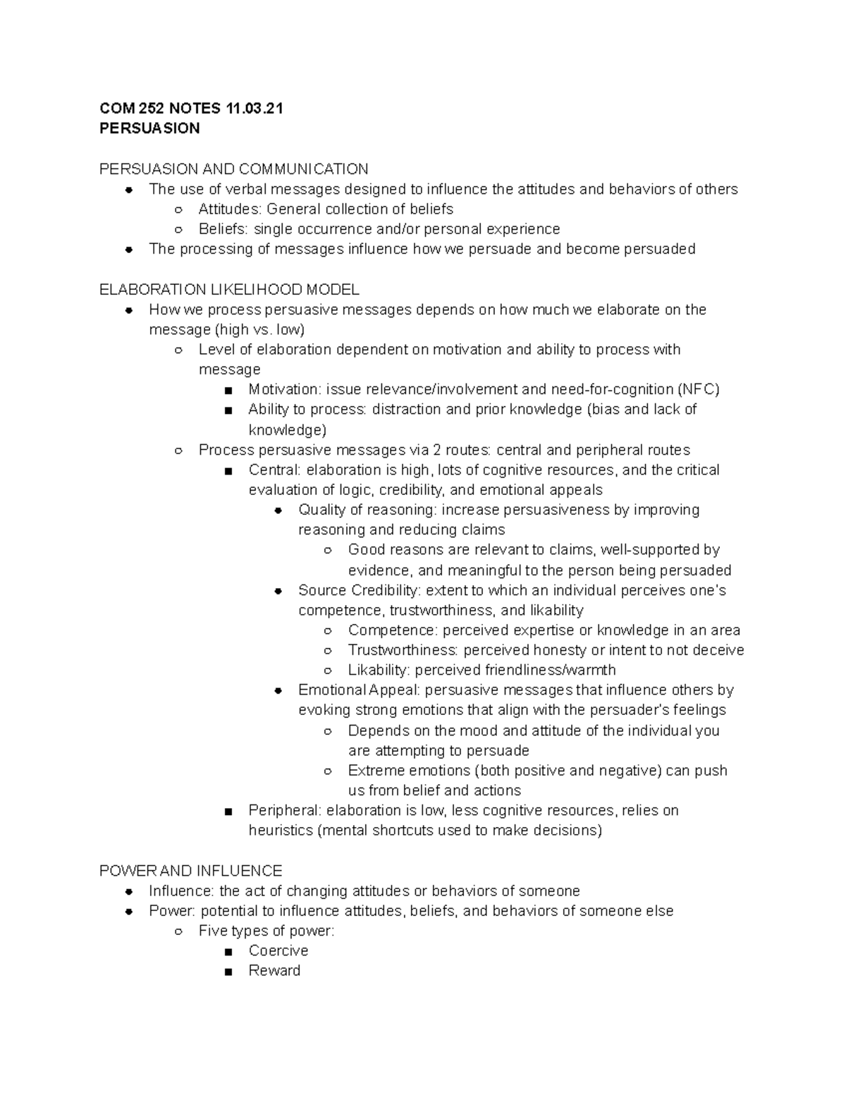 COM 252 Notes 11.03.21 - COM 252 NOTES 11. PERSUASION PERSUASION AND ...