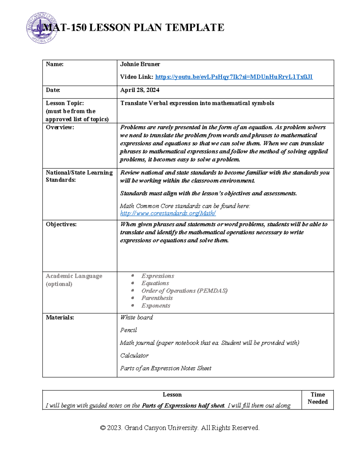 Week 6 Expression Lesson Plan - MAT-150 LESSON PLAN TEMPLATE Name ...