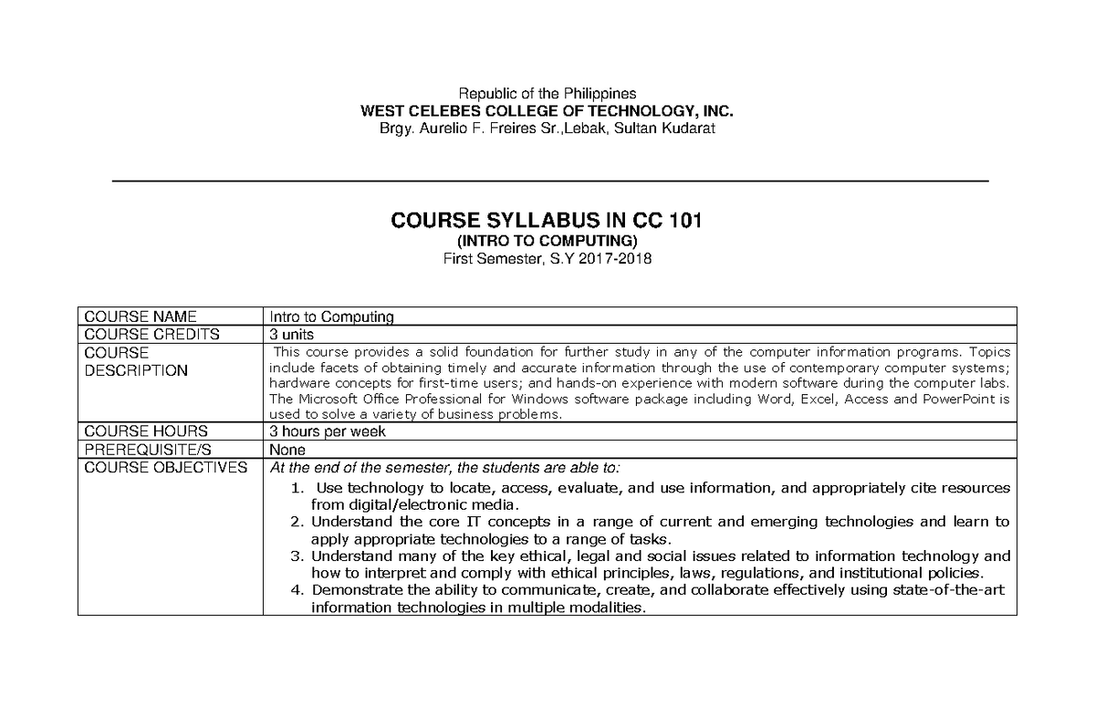 Intro TO Computing Syllabus - Republic of the Philippines WEST CELEBES COLLEGE OF TECHNOLOGY ...
