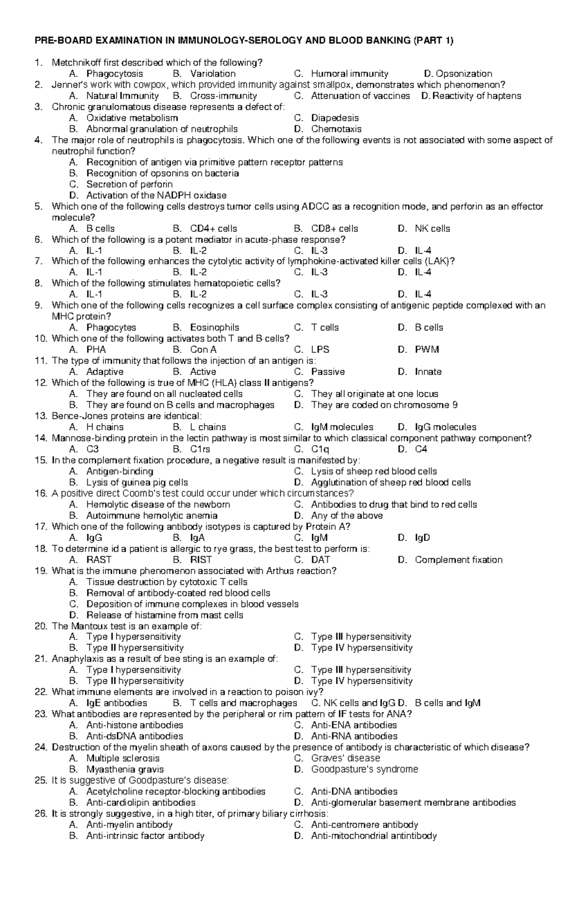 Part1ISBB - ISBB - PRE-BOARD EXAMINATION IN IMMUNOLOGY-SEROLOGY AND ...