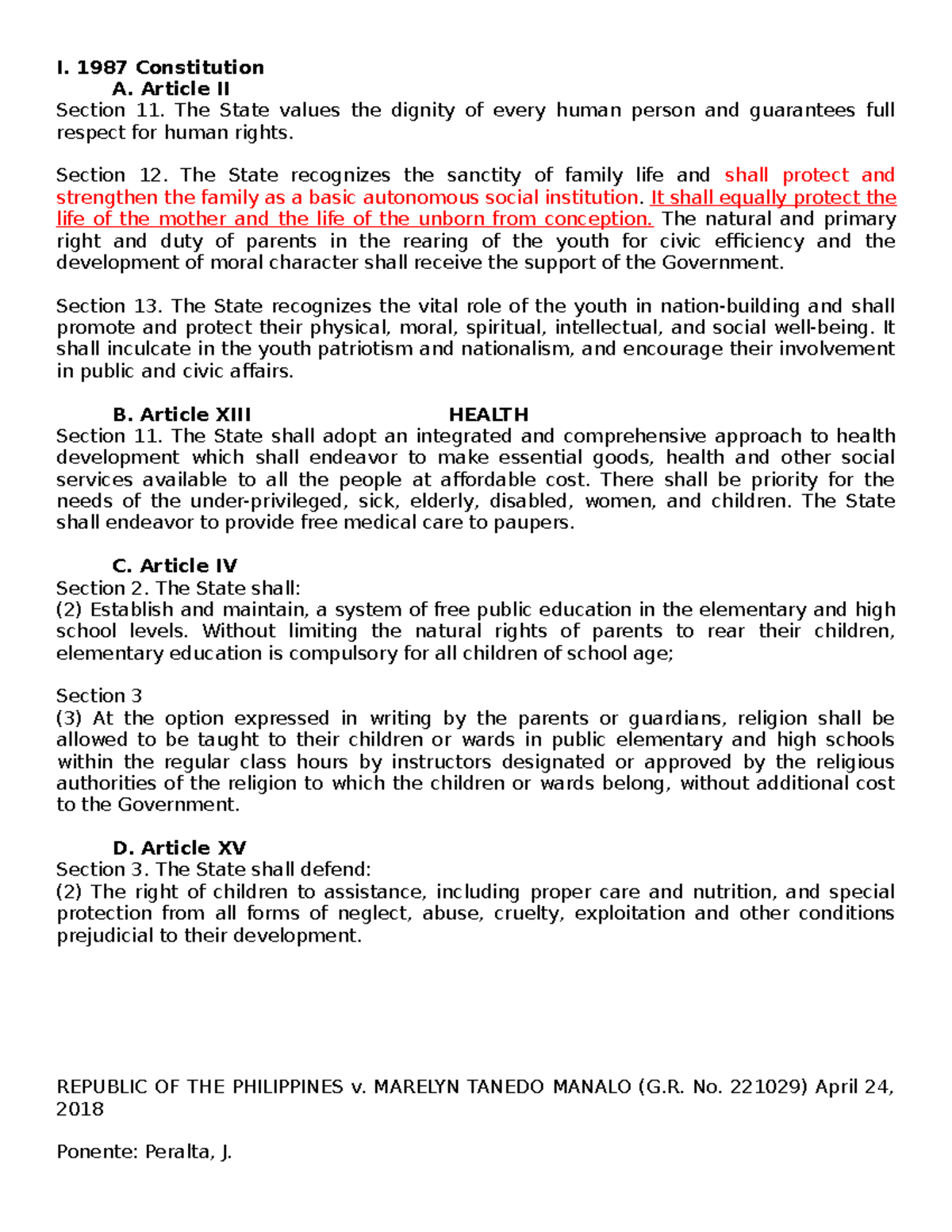 PART I-II - notes - I. 1987 Constitution A. Article II Section 11. The ...