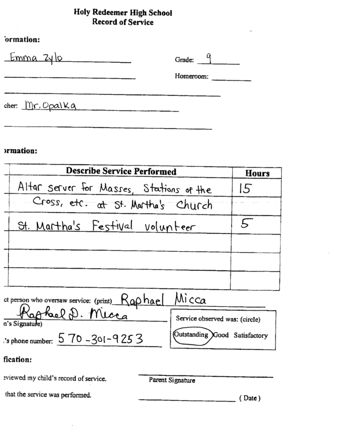 9th Grade Service Hours - Holy Redeemer High School Record of Service ...