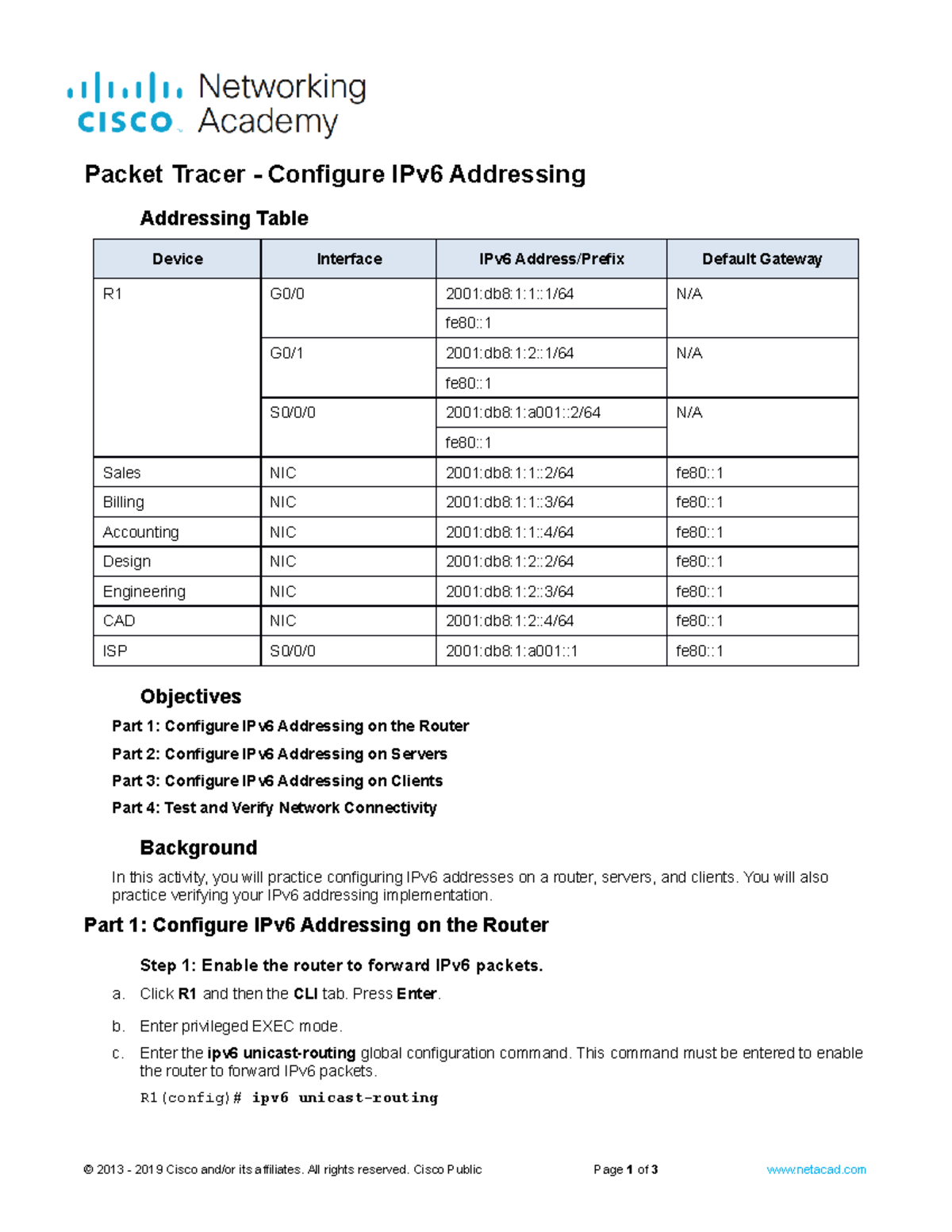 12.6.6 Packet Tracer - Configure IPv6 Addressing - Packet Tracer - Configure IPv6 Addressing ...