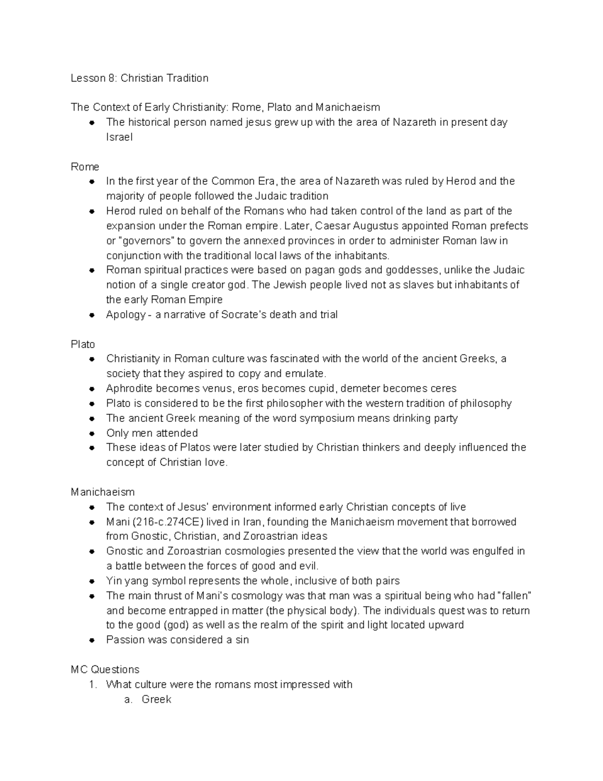 RE103 Notes - Lesson 8: Christian Tradition The Context of Early ...
