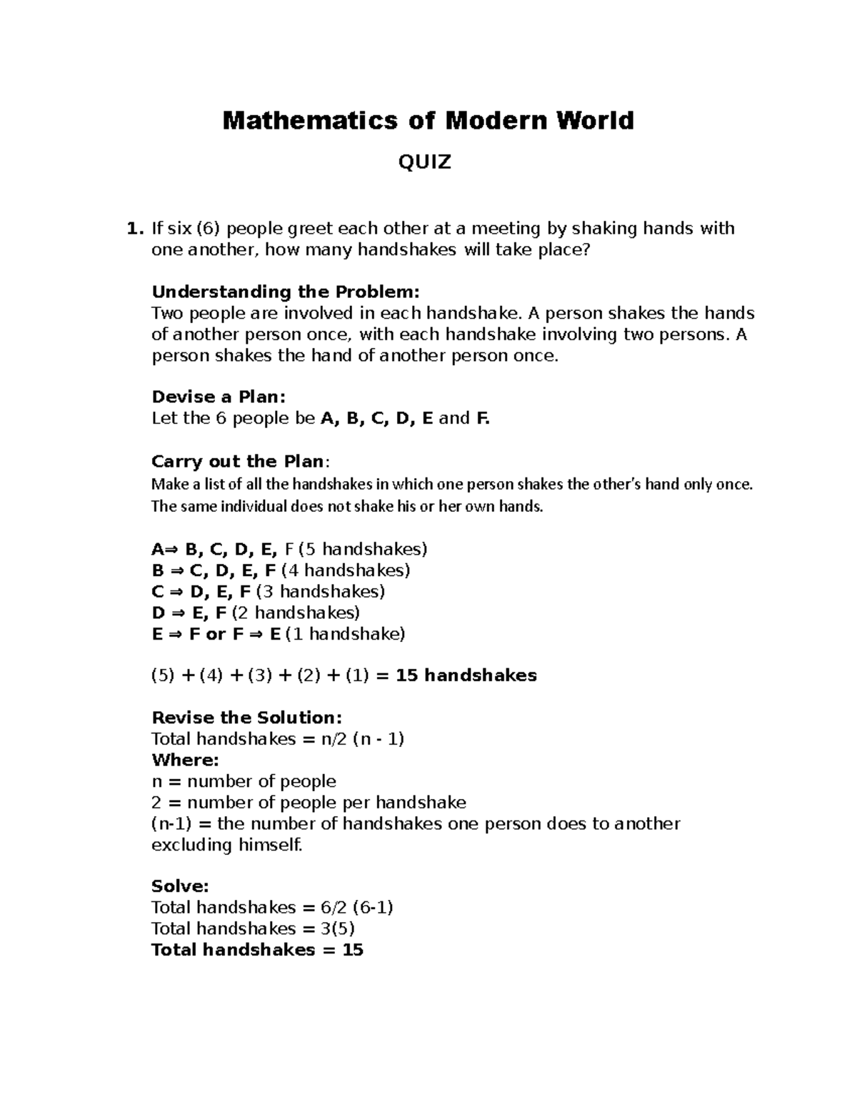Mathematics of Modern World - Mathematics of Modern World QUIZ 1. If ...