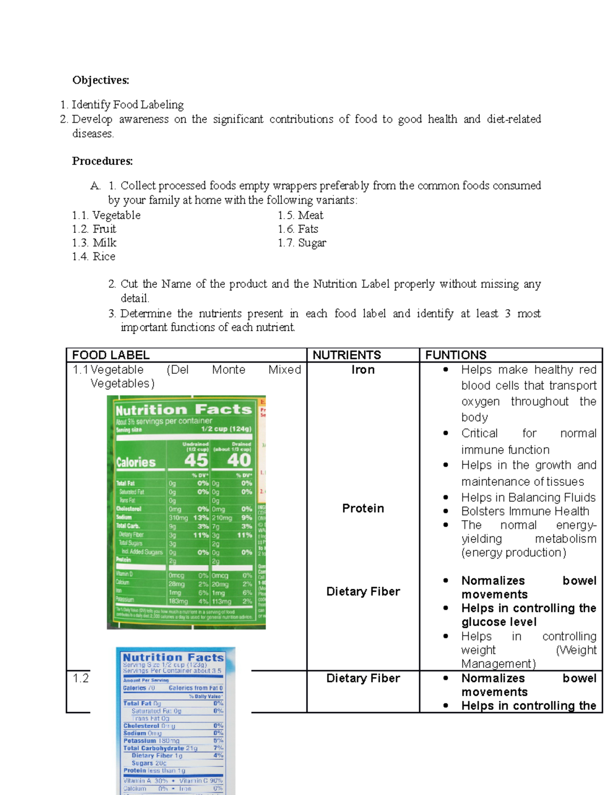 Nutridiet Worksheet - This file contains food labels and the function ...