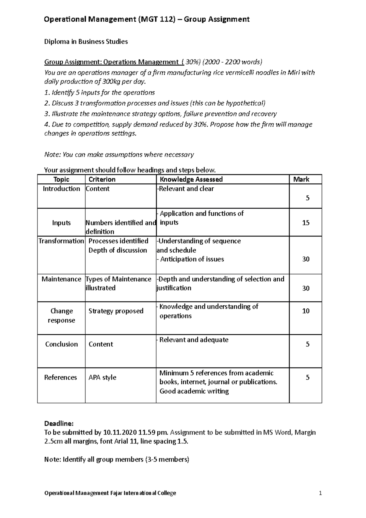 SEM 3 2020 Group Assignment OPR MGT - Diploma in Business Studies Group ...