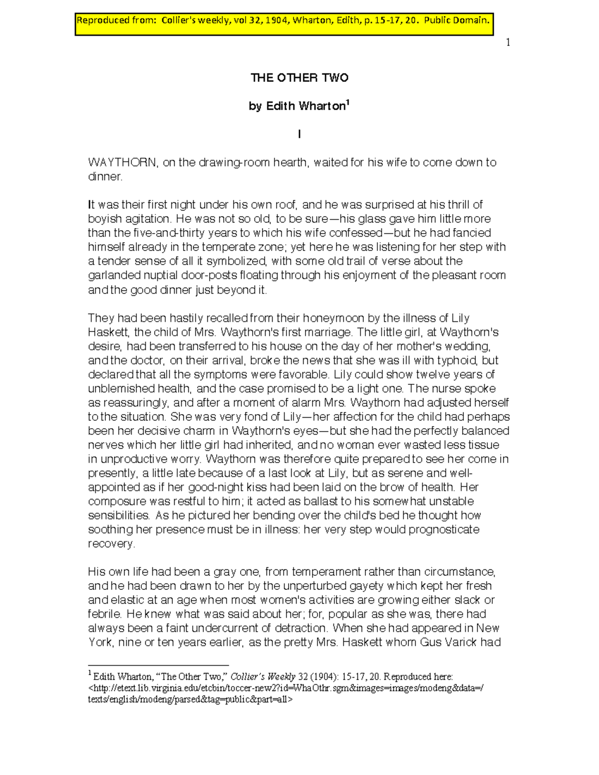 CA1 Whartons The Other Two - THE OTHER TWO by Edith Wharton 1 I ...