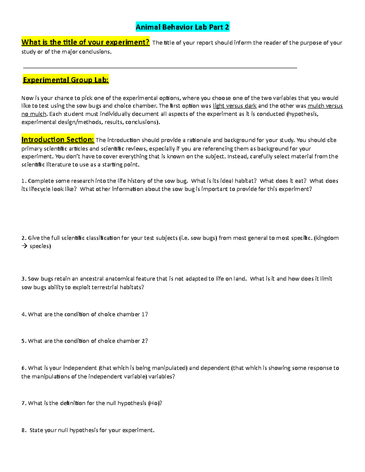 Animal Behavior Lab Part 2 SP 2020 - Animal Behavior Lab Part 2 What is ...