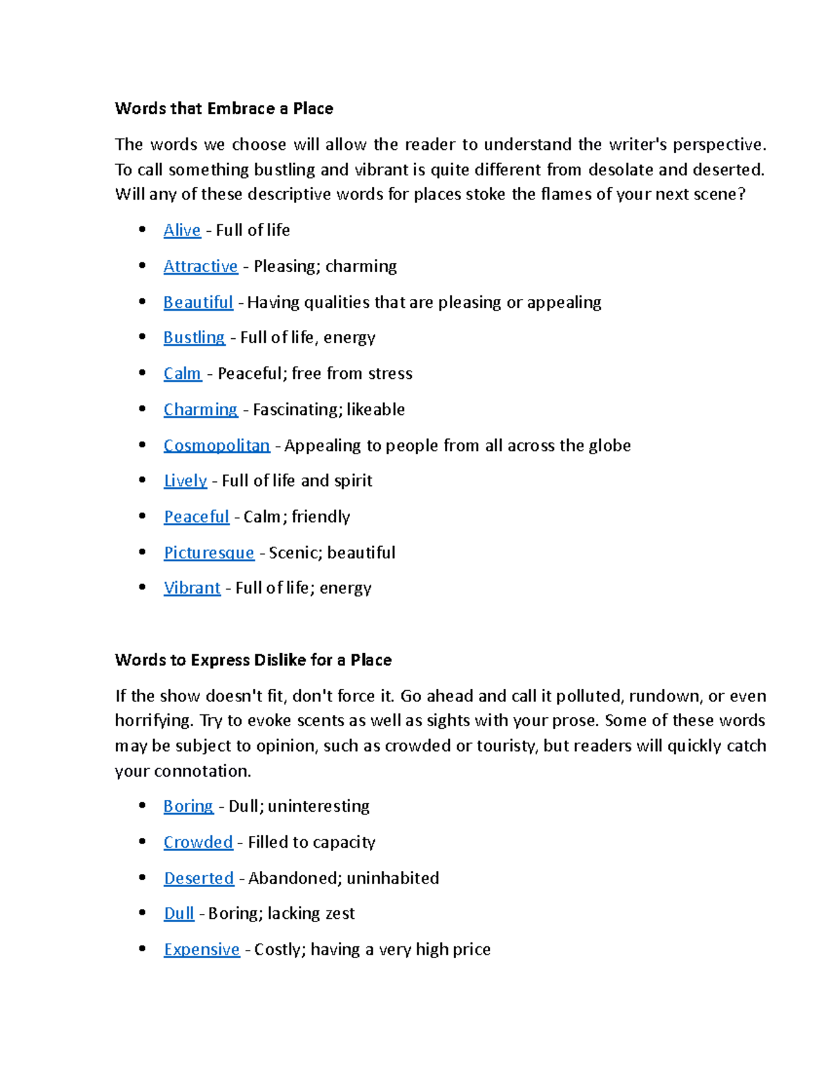 List of adjectives to describe a Place - Words that Embrace a Place The ...