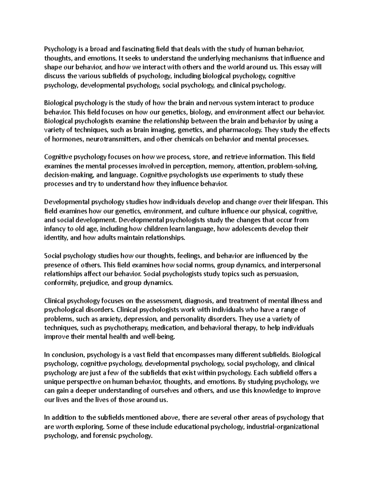 Essay on Psychology - Psychology is a broad and fascinating field that ...