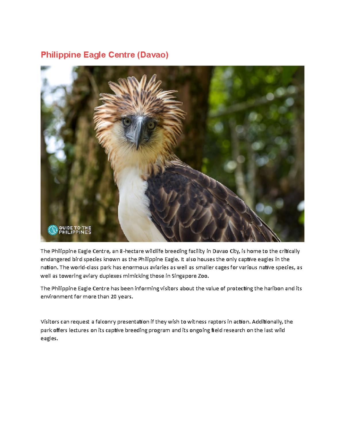 Mindanao - LAB - Philippine Eagle Centre (Davao) The Philippine Eagle ...